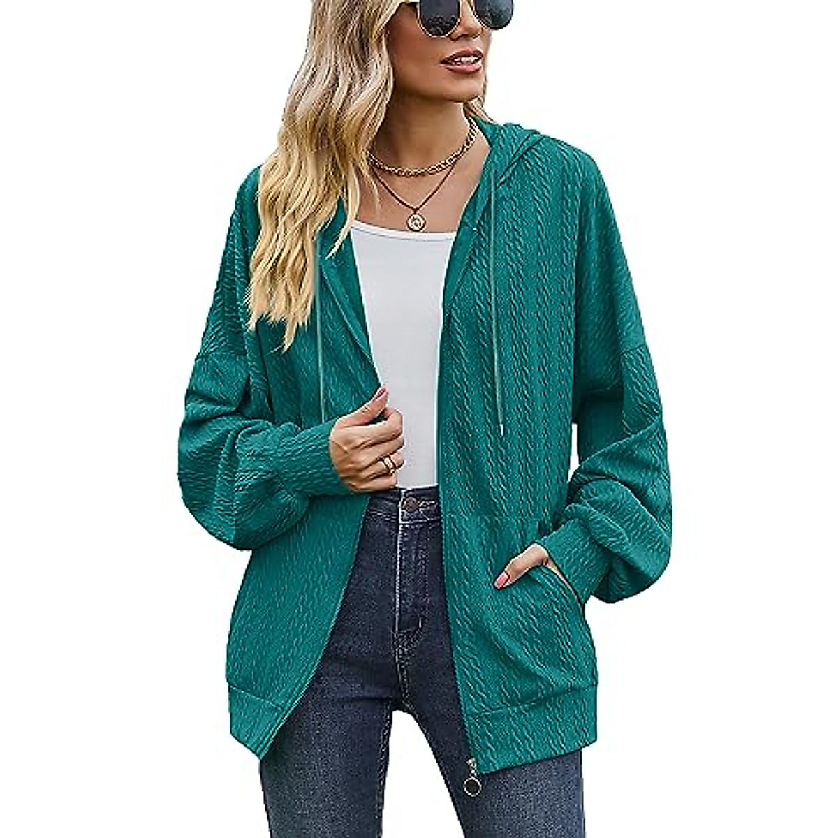 IN Chenthy Women's Fashion Hoodies & Sweatshirts, 2023 Fall V Neck Zip Up Hoodie Casual Sweater Long Sleeve Trendy Zipper Pullover Tops Green M