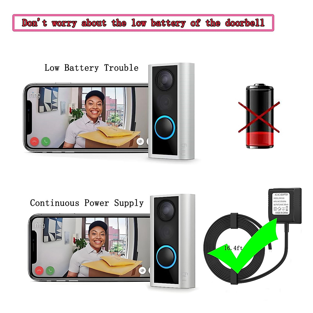 24V 500mA Doorbell Power Adapter with 16.4ft Cord Video Doorbell Transformer Compatible with Wyze,Ring, Nest Hello, Ecobee, Eufy, Sensi, and Honeywell Thermostats(Black)