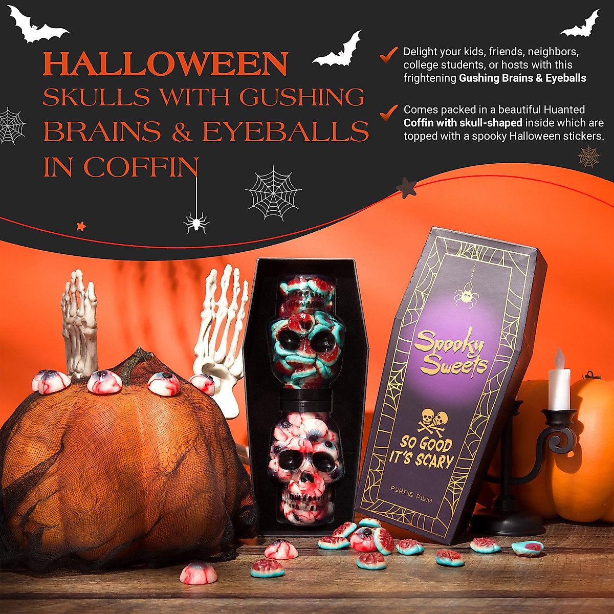 Purple Plum Halloween Trick or Treat Candies | Brain and Eyeball Gummies in Skull Shaped Candy Jars with Coffin Box | Spooky Sweets | Perfect For Halloween