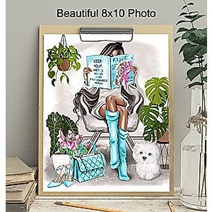 Glam Fashion Wall Art & Decor - Girls Bedroom Living Room Teens Room - Light Blue Designer Poster Picture - Housewarming Daughter Friend Gifts for Women - African American Woman - Black Afro Girl
