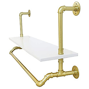 Wall-Mounted Garment Rack ,Modern Simple Clothing Store Heavy Metal Display Stand Garment Bar,Clothes Rail,Bathroom Hanging Towel Rack,Multi-purpose Hanging Rod for Closet Storage (Gold Square Tube W/Shelf ,39.37"L)