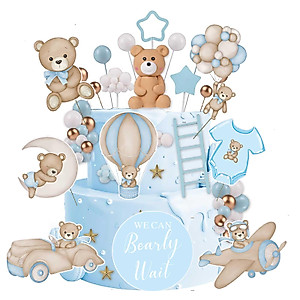 Zliisang 16Pcs Bearly Wait Baby Shower Cake Toppers We Can Bearly Wait Baby Shower Centerpieces Cake Toppers Decorations Boy Bear Baby Shower Party Decorations Bear Cake Toppers Decorations