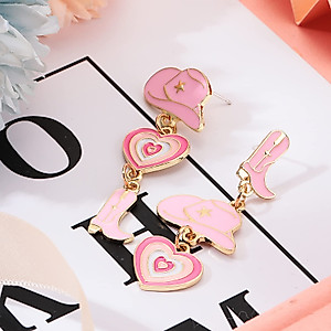 2 Pairs Cowboy Hat Earrings Cowgirl Earrings Western Jewelry Cowboy Boot Earrings Cute Jewelry Pink Heart Dangle Drop Cowgirl Jewelry Valentine's Day Gift for Women Girls Disco Country Party