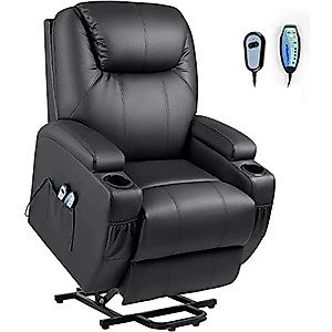 YESHOMY Power Lift Recliner Chair with Massage and Heating Functions, PU Leather Sofa with Remote Control and Two Cup Holders, Suitable for Living Room, Dark Black
