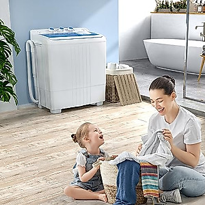 ROVSUN 21LBS Portable Washing Machine, Mini Compact Twin Tub Clothes Washer with Washer(14LBS) and Spinner(7LBS) & Pump Draining, Great for Home Dorms Apartments RV Camping (White & Blue)