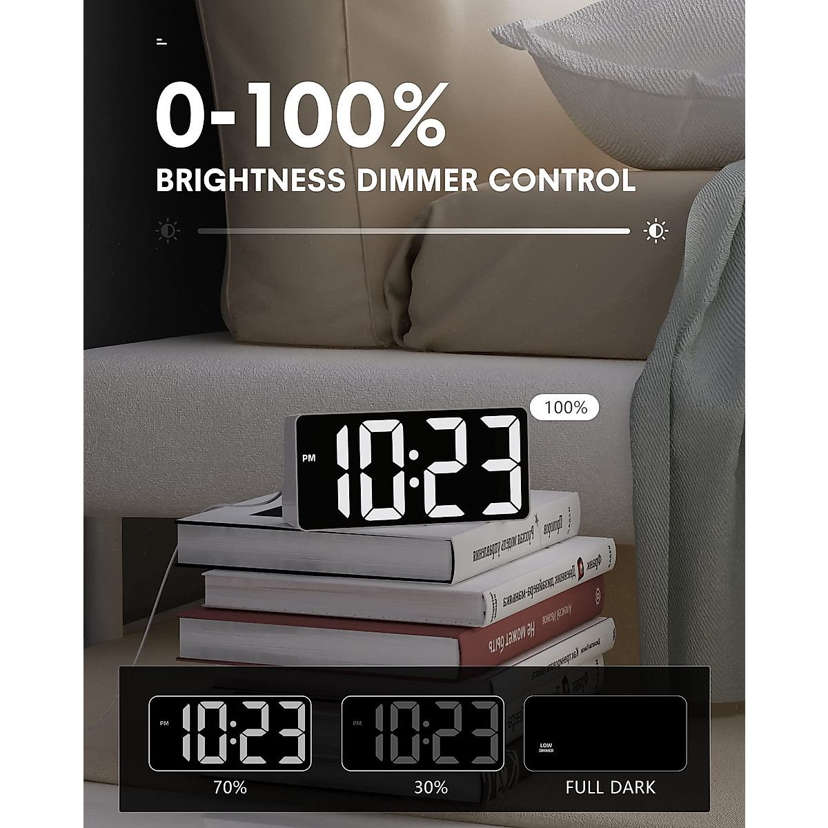 Mesqool Digital Alarm Clock for Bedroom, White, 7-Inch Screen, Adjustable Brightness, Loud Alarm, USB Charger, 12H/24H Time Format, Night Light, Dual Alarms, 18-Month Warranty
