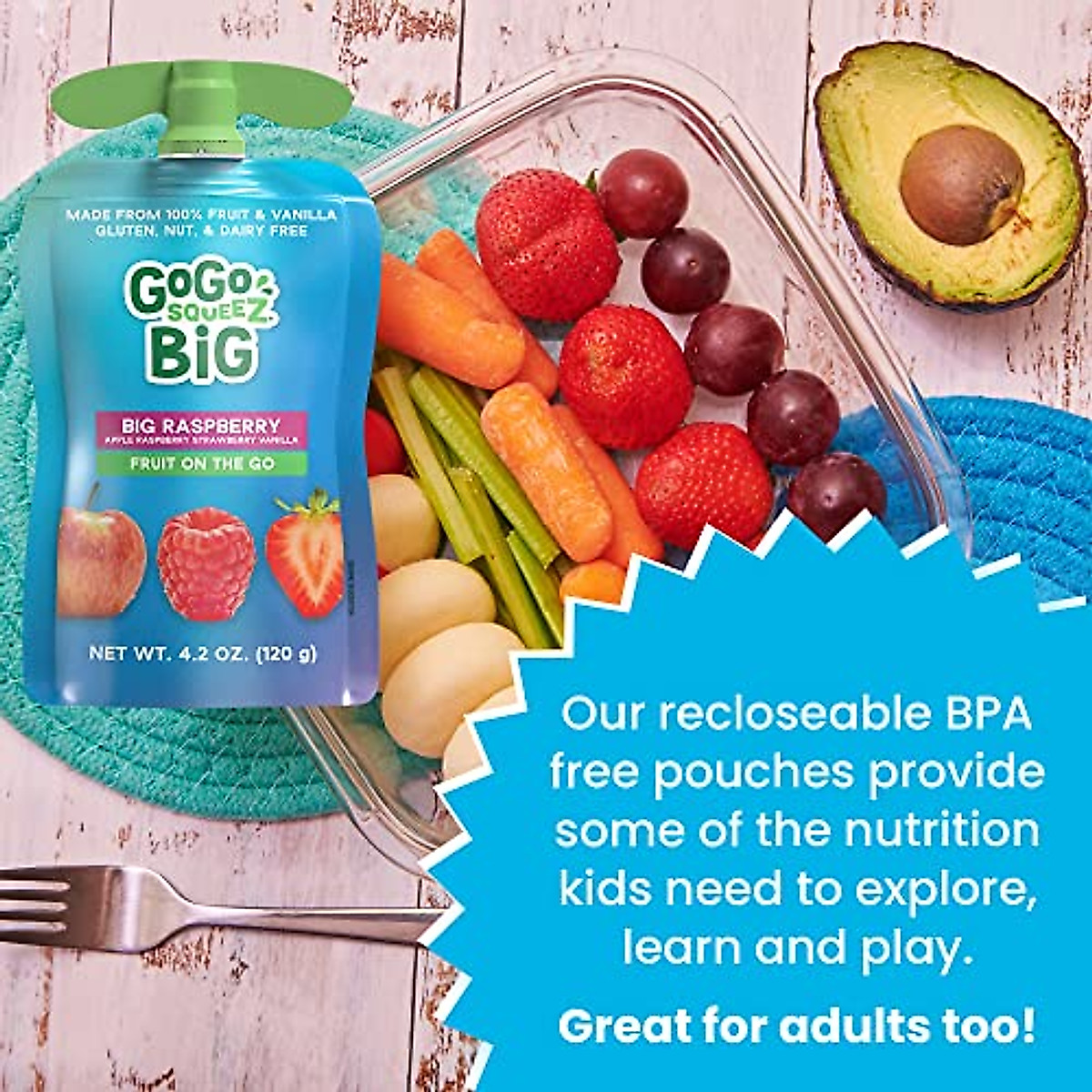 GoGo squeeZ BIG Variety Pack, BIG Pear & BIG Raspberry, 4.2 oz. (Pack of 20), Unsweetened Fruit Snacks for Kids, Gluten Free, Nut Free and Dairy Free, Recloseable Cap, BPA Free Pouches