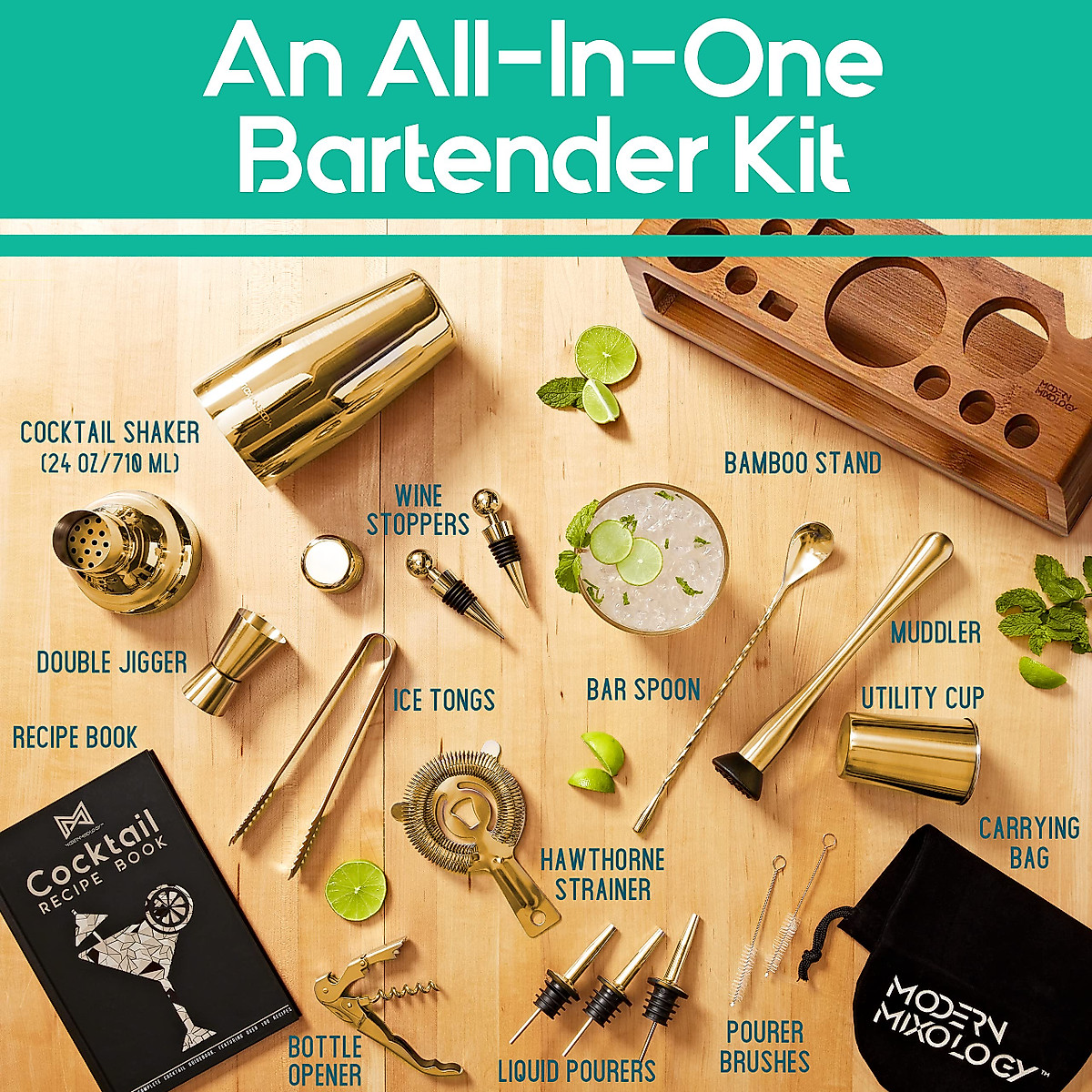 Mixology Bartender Kit: 23-Piece Bar Set Cocktail Shaker Set with Stylish Bamboo Stand | Perfect for Home Bar Tools Bartender Tool Kit and Martini Cocktail Shaker for Awesome Drink Mixing (Gold)