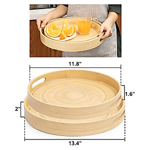 Round Serving Tray with Handles Bamboo Trays Serving Large Decorative Tea Trays for Coffee Table Bar Home Decor Bathroom Centerpieces Outdoor Organizing Tray for Vanity Fruit Set 2 (Bamboo Natural)