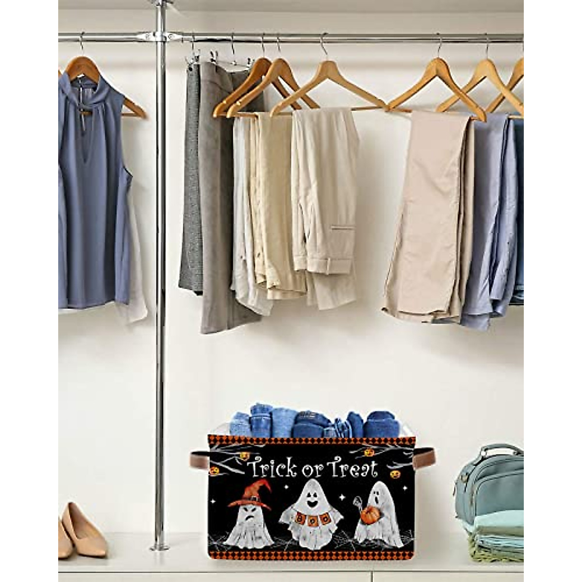 Large Storage Baskets Bins Halloween Collapsible Storage Box Laundry Organizer for Closet Shelf Nursery Kids Bedroom Orange Black Plaid Boo Ghost Pumpkin Trick or Treat