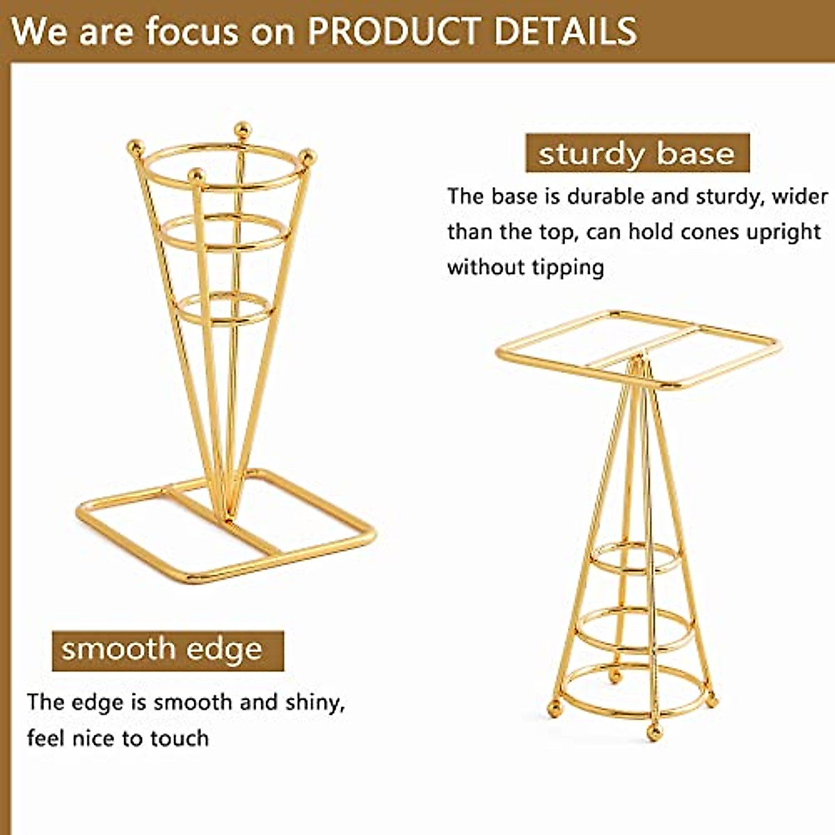 BLBYHO Single Metal Gold Ice Cream Cone Holder Stand, Individua Waffle Cone Holder Sushi Hand Roll Stand for Standard Size Ice Cream Cones Appetizer Charcuterie Cones, Sugar Cones, Sushi (4 Pack)