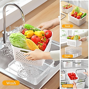 4 Pack Fruit Storage Containers for Fridge with Removable Colanders, Airtight Produce Vegetable Berry Containers for Fridge, All-In-One Food Storage Containers for Washing, Draining, Freshness