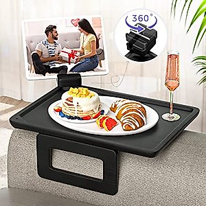 Bamboo Sofa Arm Tray Table Clip for Couches Arm, Multi-Function Side Couch Arm Tray with 360° Rotating Phone Holder, Suitable for Home Drinks/Remote/Snacks/Fast Food Et (Black)