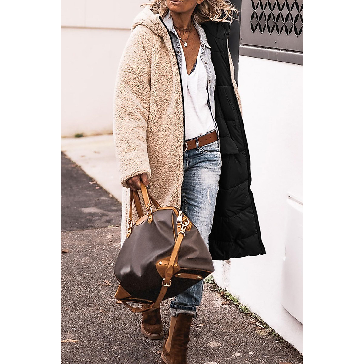 Thatrich Long Puffer Coat Women with Hood Reversible Jackets Long Sleeve Fuzzy Fleece Jacket Winter Warm Down Coat Outerwear