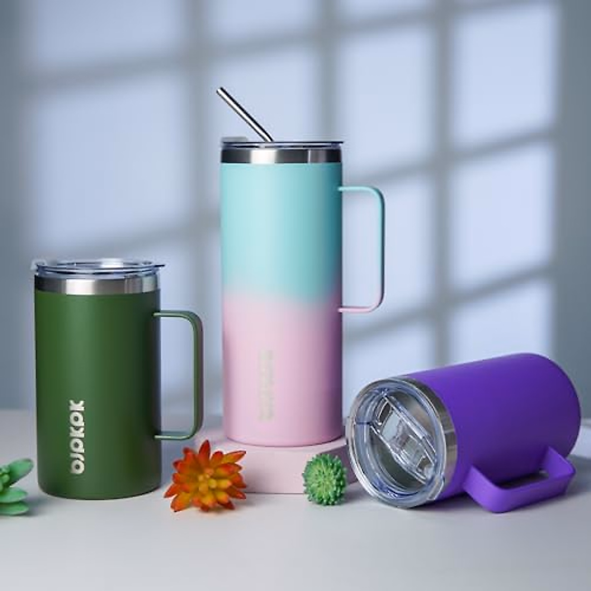BJPKPK Insulated Coffee Mug with 2 Lids, 25oz Stainless Steel Insulated Tumbler with Handle, Double Wall Vacuum Coffee Cup, BPA Free Leak Proof Thermos for Travel & Home, Forest Green