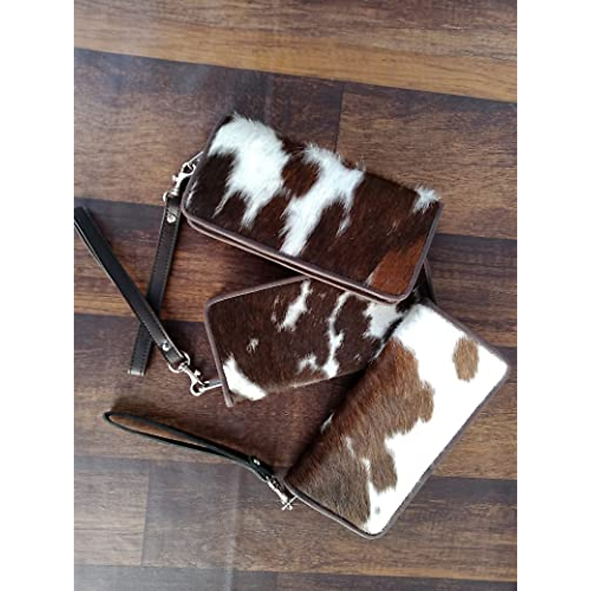 Real Cowhide Wallet for Women Slim Wallet Bifold Tricolor Brown Leather Zipper Clutch Purse Cow Fur Purse Wallet Wristlet - Gifts for Her