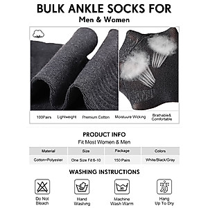 Tarpop 150 Pairs Men Quarter Ankle Socks Bulk Socks Athletic Moisture Wicking Socks Casual Sports Socks Pack (Black, White, Gray)