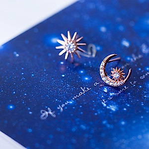 Crystal Star Crescent Moon Stud Earrings S925 Sterling Silver Dainty Clear CZ Diamond Sun Asymmetrical Ear Studs Piercing Earring Delicate Jewelry Gifts for Women Sensitive Ears (Rose Gold)
