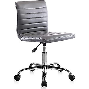 HOMEFLA PU Leather Office Armless-Computer Swivel Rolling Task Home Low Back Makeup Ribbed Desk Chair with Wheels for Bedroom Conference Reception Room (Grey, Retro)