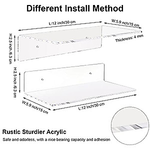 Vinsot 8 Pack Acrylic Floating Shelves 12 Inch Clear Acrylic Shelf Acrylic Wall Display Shelf 4 mm Thick Invisible Acrylic Book Shelves for Bedroom, Living Room, Bathroom, Office Wall (8 Pack)