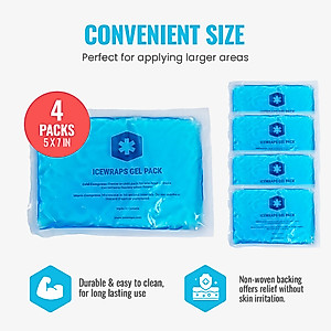 ICEWRAPS 5x7 Gel Ice Packs For Injuries Reusable | Hot Cold Gel Pack for Injuries, Pain Relief, and Migraines | Soft Ice Pack For Arm, Leg, and Back Brace | Flexible Gel Compress Ice Packs | Pack of 4