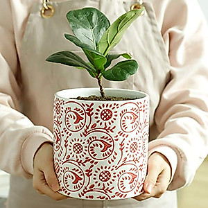 POTEY Red Planters Pots for Plants Indoor - 5.9 +4.7 Inch Modern Ceramic Cylinder Flower Pots with Drainage Holes for Christmas Home Decor 051801, Set of 2, Plants Not Included