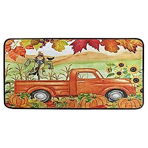 Autumn Truck Pumpkin Kitchen Rugs Thanksgiving Sunflower Maples Floor Comfort Mats Bath Rugs Entryway Welcome Non Slip Area Rug for Bedroom Living Room Doormats Home Decor 39" X 20"