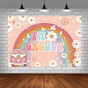 Lofaris Two Groovy Birthday Party Backdrop Hippie 70's Retro 10th Birthday Background Girls 2 Years Old Party Cake Table Banner Supplies 5x3ft