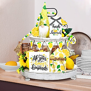 10 Pcs Tiered Tray Decor Fresh Wooden Tiered Try Decor Kitchen Decor Signs Wood Standing Sign Farmhouse Bead Garland Banner for Summer Peach Lemon Watermelon Strawberry Cherry Decor (Fresh Lemon)