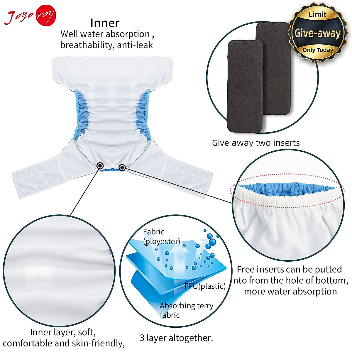 Joyo roy Reusable Diapers for Adults, 3 Adjustable Size Diaper, Waterproof, High Moisture Absorption, Resuable for Men Urinary Incontinence Products for Women