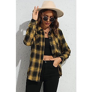 KevaMolly Plaid Long Sleeve Flannel Shirts for Women Loose Fit Boyfriend Button Down Shirt Casual Flannel Blouse Tops Black Yellow XL
