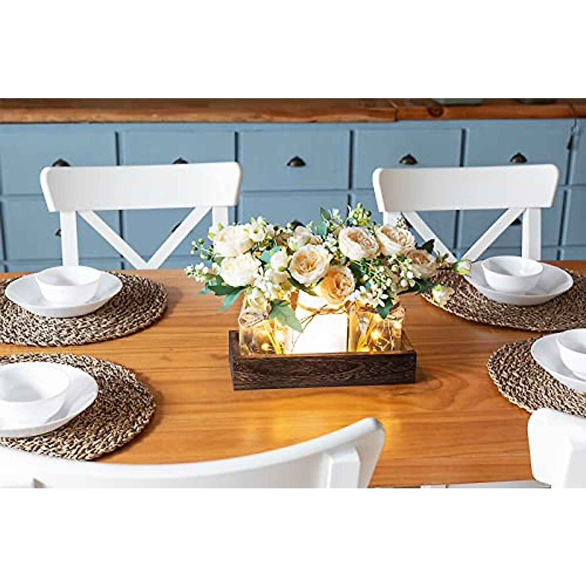 Mkono Mason Jar Lights Centerpiece Table Decorations for Dining Room Farmhouse Coffee Table Decor Wood Tray with 3 Jars Flowers Fall Table Centerpieces Decor for Kitchen Living Dining Room, White