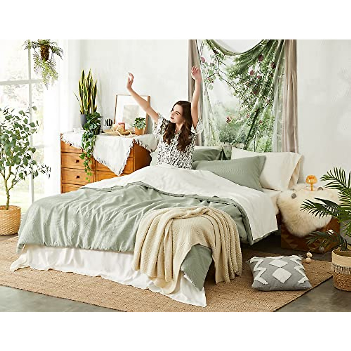 Geniospin Full Comforter Set, Bed in a Bag Sage Green Bedding Sets 7-Pieces, Botanical Pattern, All Season Comfortable Seersucker Bedding with Comforter, Sheets, Pillowcase & Shams(Full,80"x90")