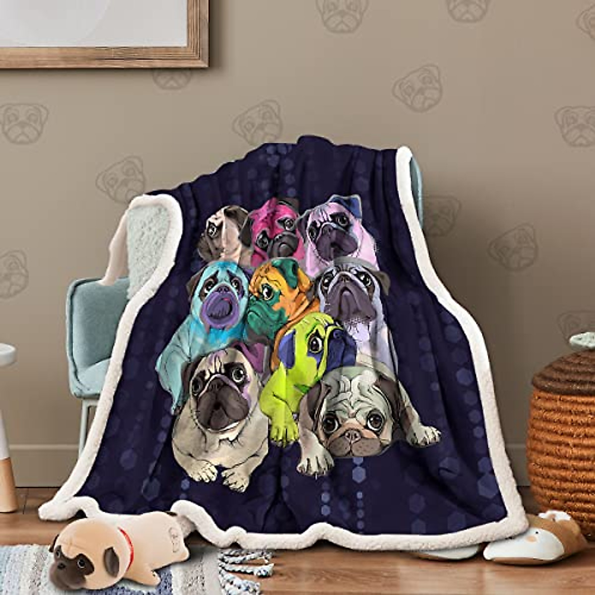 Sleepwish Sherpa Fleece Bed Throw Colorful Pugs Pop Art Soft and Fuzzy Plush Blanket Gifts for Pet Animals Puppy Dog Lovers Twin Size (60"x80")
