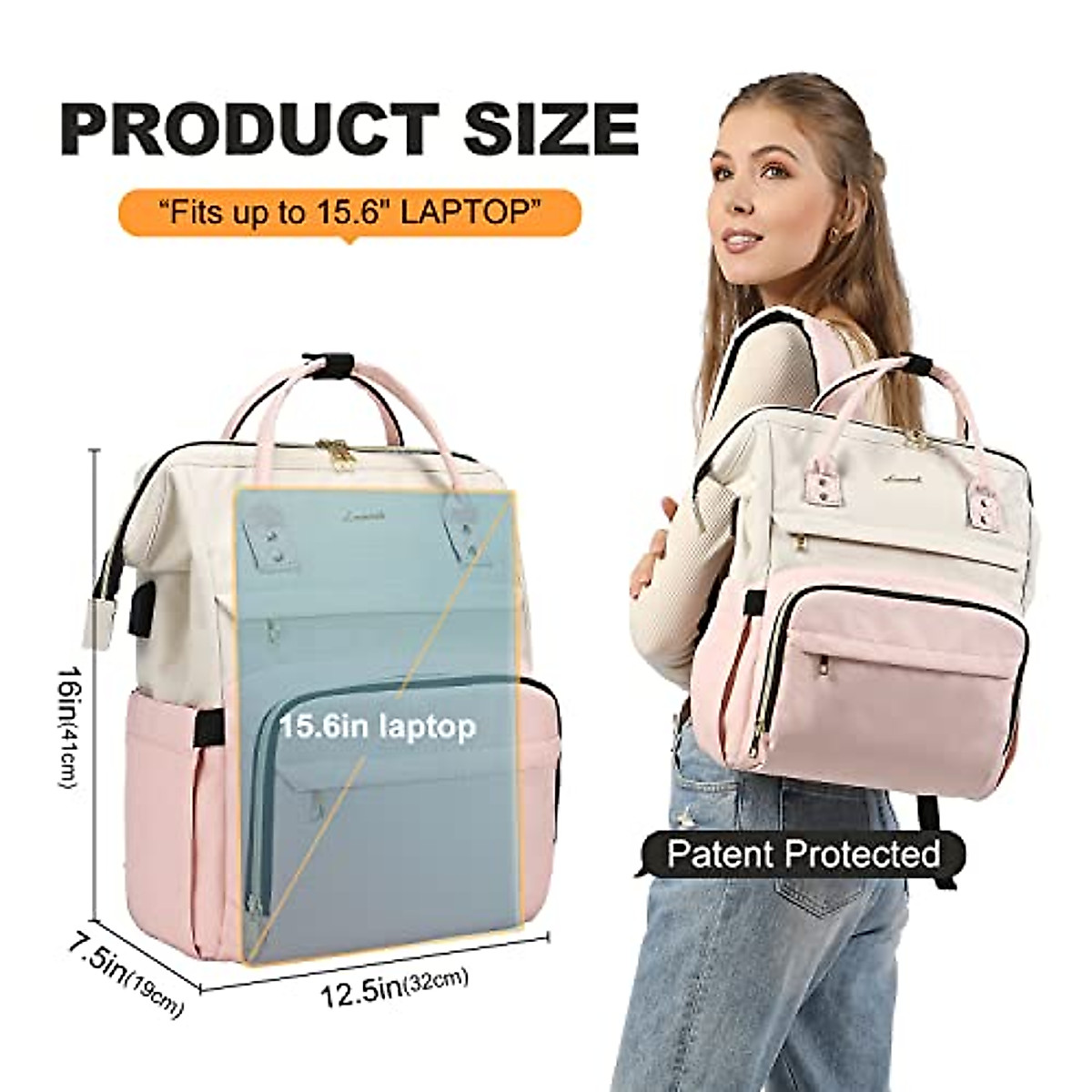 LOVEVOOK Laptop Backpack for Women Fashion Business Computer Backpacks Travel Bags Purse Doctor Nurse Work Backpack with USB Port, Fits 15.6-Inch Laptop Beige Pink