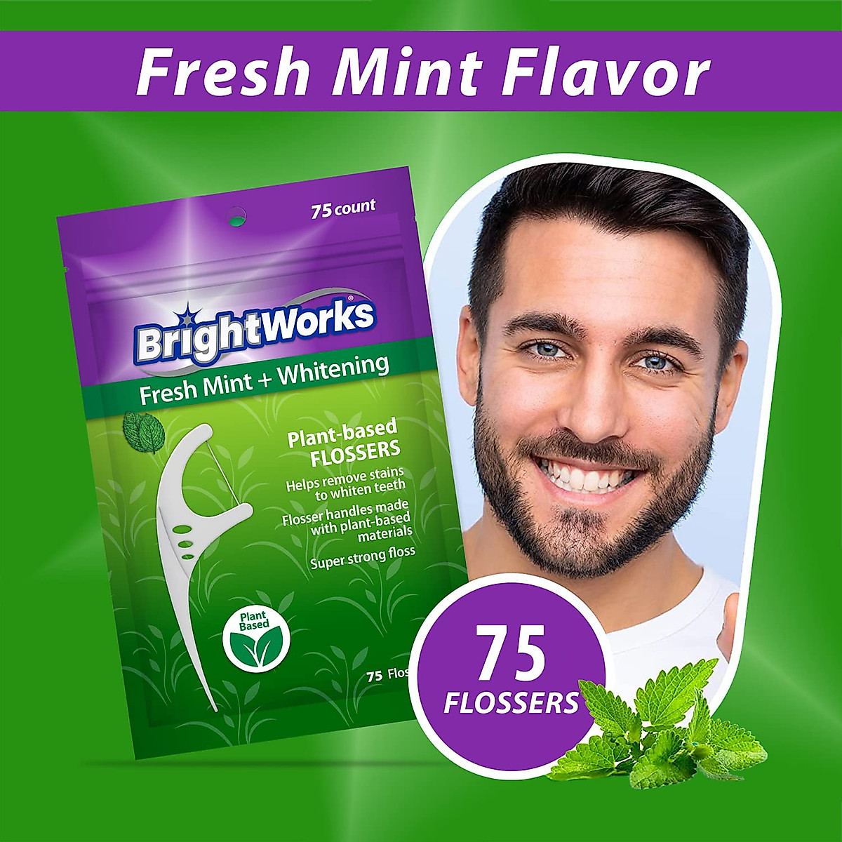 225 Piece BrightWorks Fresh Mint + Whitening Dental Flossers with Plant-Based Handles, Super-Strong Floss and Mint-Flavored Floss with Micro-Crystals, 75 Count (Pack of 3)