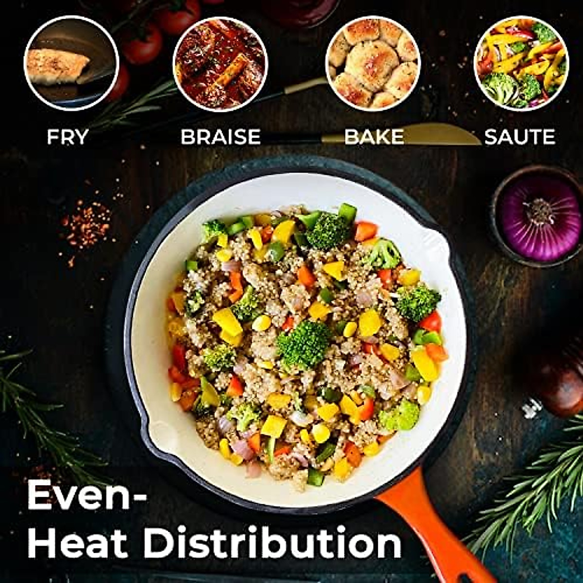 Healthy Choices Enameled Cast Iron Skillet, 8" Set of 6, Professional Cast Iron Pan, Orange & White Enameled Skillet, Oven Safe, Bake Cookies, Sauces, Desserts, BBQ, Dishwasher, Induction, Open Fire