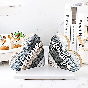 2 Pcs Rustic Wood Love Home Sign Heart Shaped Wooden Table Centerpiece Farmhouse Buffalo Plaid Family Sign for Home Living Room Kitchen dining room Table Decoration (Simple Style)