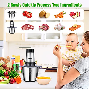 Qinkada Meat Grinder with 2 Stainless Steel Bowls, 500W Electric Food Processors, 3 Speed, 4 Bi-Level Bladesand Spatula for Baby Food, Meat, Onion, Vegetables, Fruits