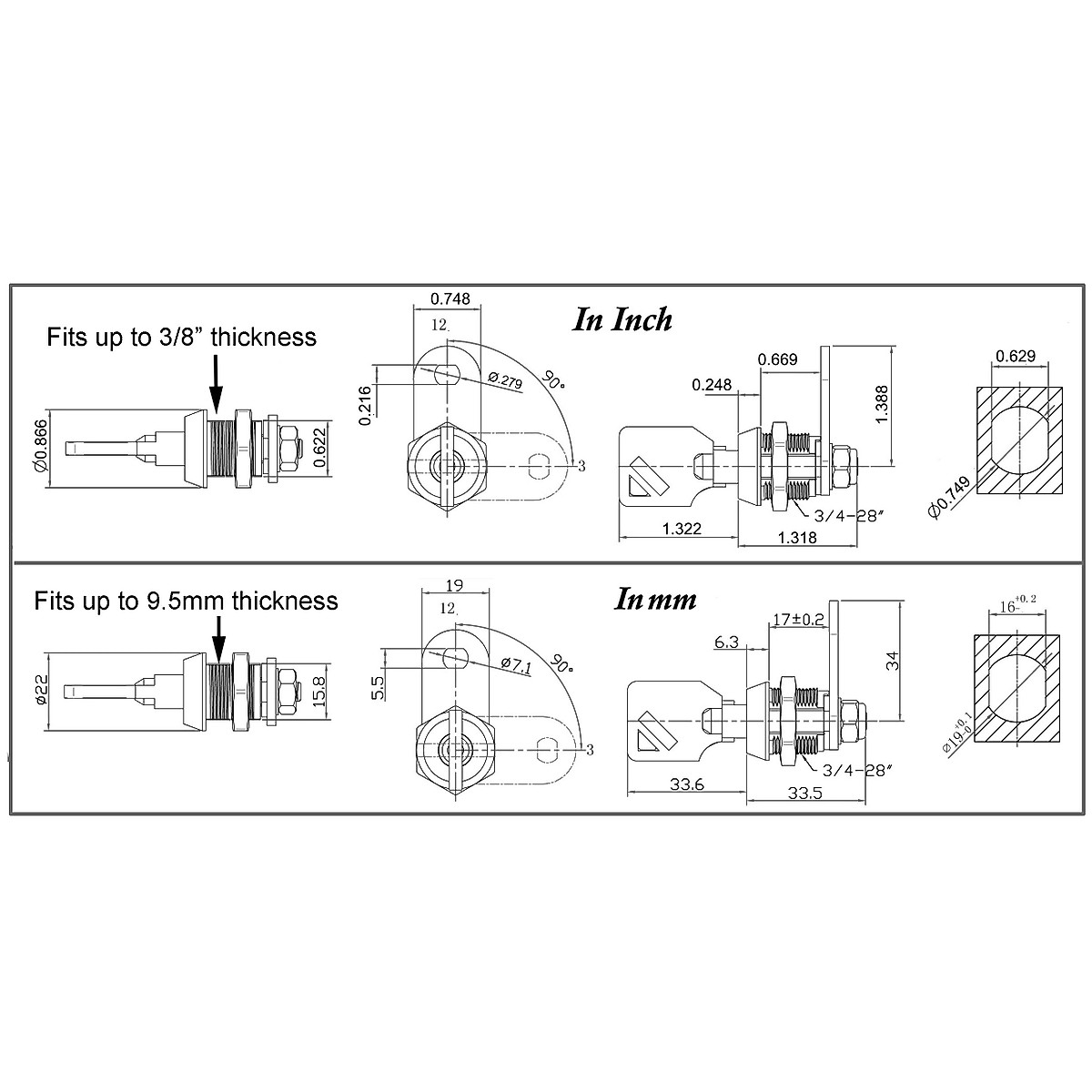 Admiral Locks 5/8 Inch Tubular Cam Lock, Keyed Alike Removable Key RV Compartment Storage Lock Cabinet Locks (5/8 Inch 90°, Black Pack of 2)