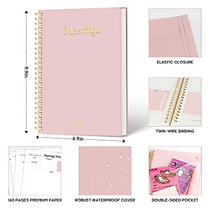 Meeting Notebook For Work Organization - Work Planner Notebook With Action Items, Agenda Planner For Note Taking, 160Pages (6.9" X 9.9") Project Planner For Men & Women - Pink