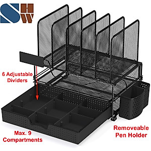SimpleHouseware Mesh Desk Organizer with Sliding Drawer, Double Tray and 5 Upright Sections, Black