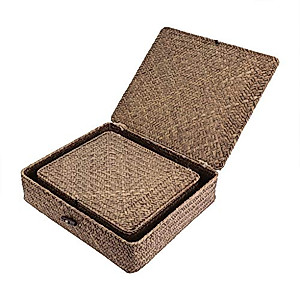 Hipiwe Set of 2 Flat Woven Wicker Storage Bins with Lid Natural Seagrass Basket Boxes Multipurpose Home Organizer Bins Boxes for Shelf Organizer (Coffee)
