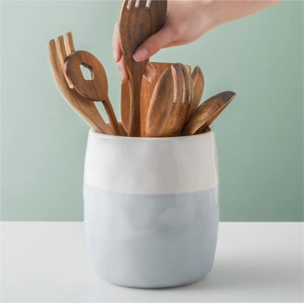 DOWAN Utensil Holder, 6.5″ Large Utensil Holder for Kitchen Counter, Ceramic Utensil Crock with Table-Protection Cork Mat, Utensil Organizer Caddy for Tongs, Spoons