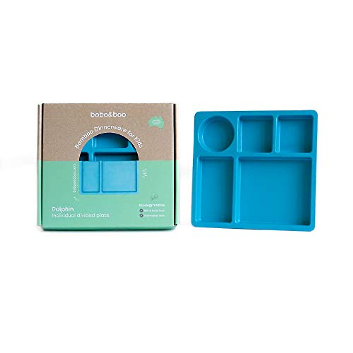 bobo&boo Bamboo Kids Divided Bento Plate, Sectioned Toddler Plate, Children’s Compartment Plates, 5 Portioned Sections, Mix and Match, Dolphin Blue