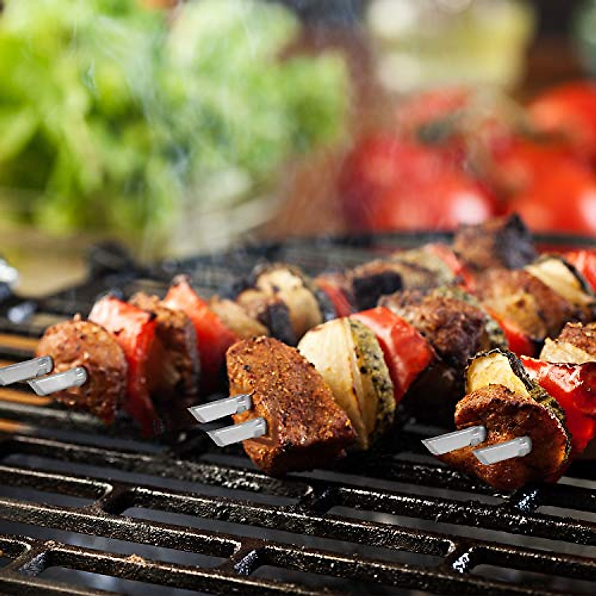 Blue Donuts 10 Pack Kabob Skewers for Grilling 17 Inch Kabob Skewers with Push Bar, Stainless Steel Skewers with Comfortable Handle Grip, BBQ Grilling Accessories