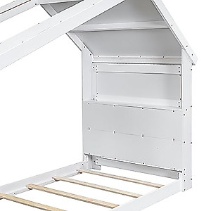 Bellemave Twin Floor Bed for Kids,Twin Size House Bed Frame with Roof, Window and Led Light Design,Wood Twin Montessori Floor Bed for Girls Boys, White