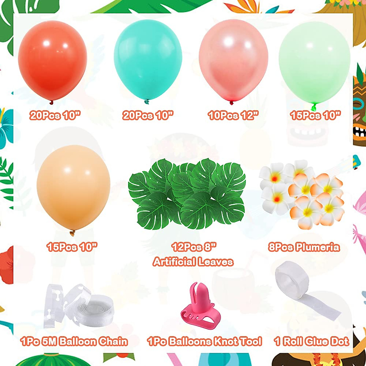 Tropical Balloon Garland Arch Kit, Hawaii Luau Balloon Garland with Palm Leaves Plumeria for Tropical Party Decorations Aloha Luau Party Girls Baby Shower Moana Birthday Decorations