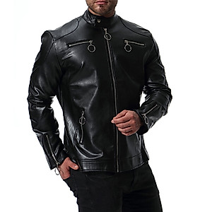 Maiyifu-GJ Men's Casual Faux Leather Jacket Stand Collar Retro Motorcycle Jacket Long Sleeve Zip Up Coat with Zipper Pockets (Black,Large)