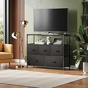 WLIVE Fabric Dresser for Bedroom with 5 Drawers, Entertainment Center with Open Shelf and Power Outlet for 45 inch TV, Dresser TV Stand with Storage for Closet, Black